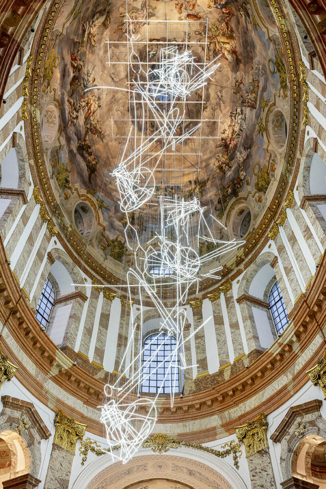 cerith wyn evans suspends neon squiggle installation within baroque ...