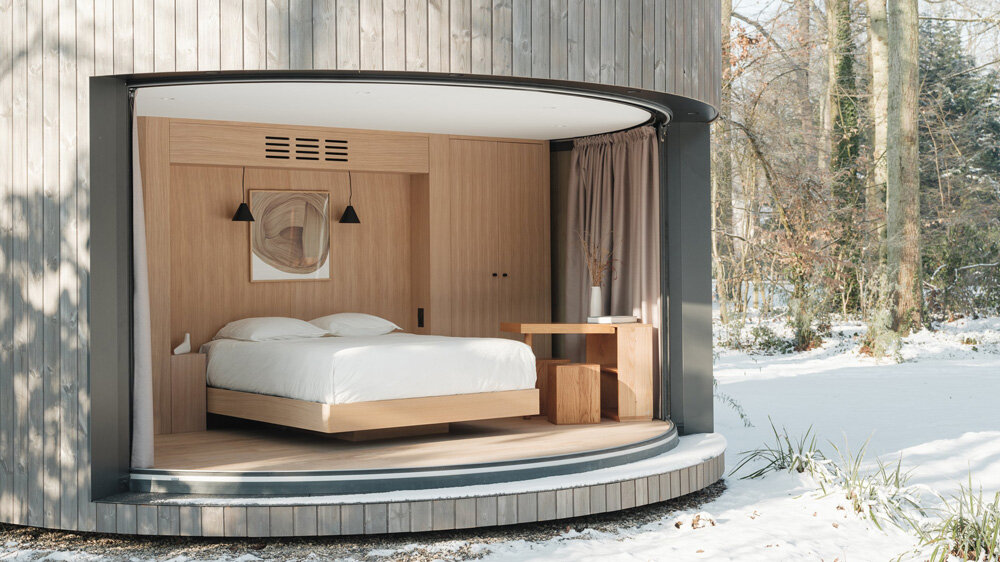 rounded wooden lumipod 5 interrelates with modernist villa besson in france