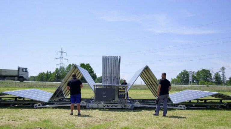 mobile solar container stores photovoltaic panels that fold and unfold ...