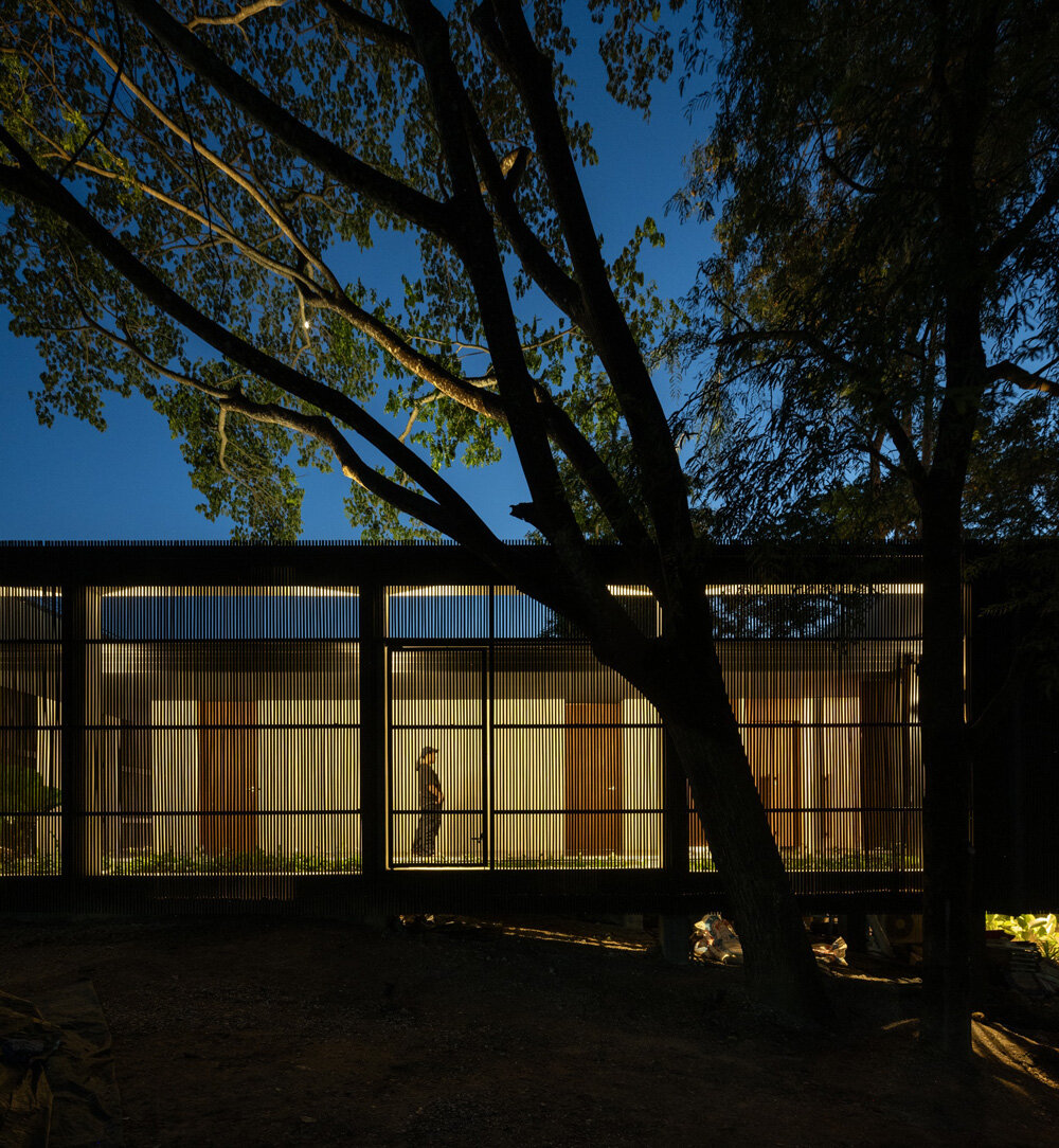 timber-clad residence settles on stilts within raintree forest in thailand
