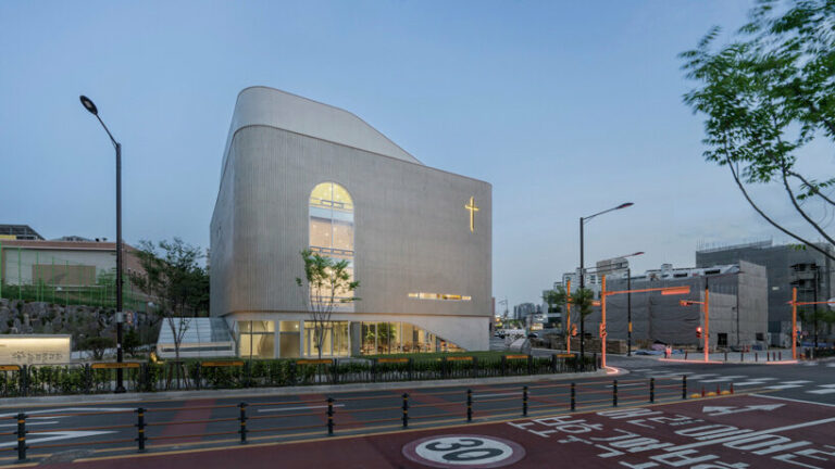 ribbed concrete skin encloses evergreen church by kode architects in ...