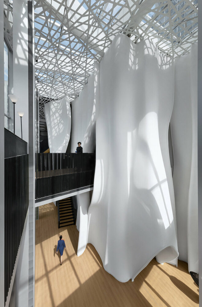 the veil: groundwork sculpts sinuous architecture like draped fabric