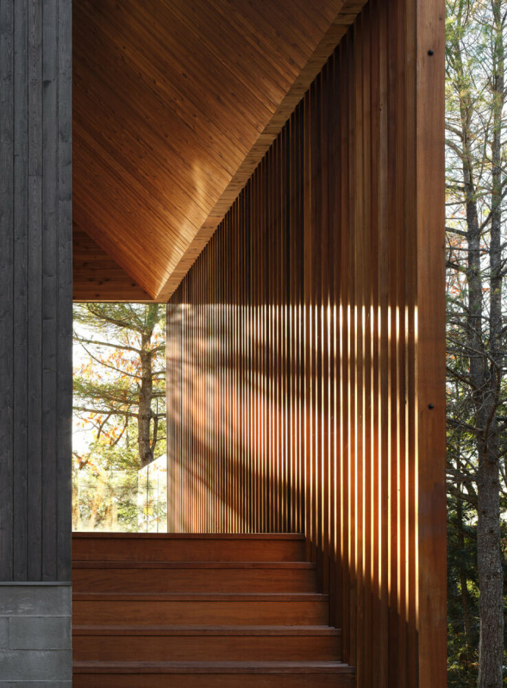 dubbeldam's cottage in canada woodlands unfolds across two split gables