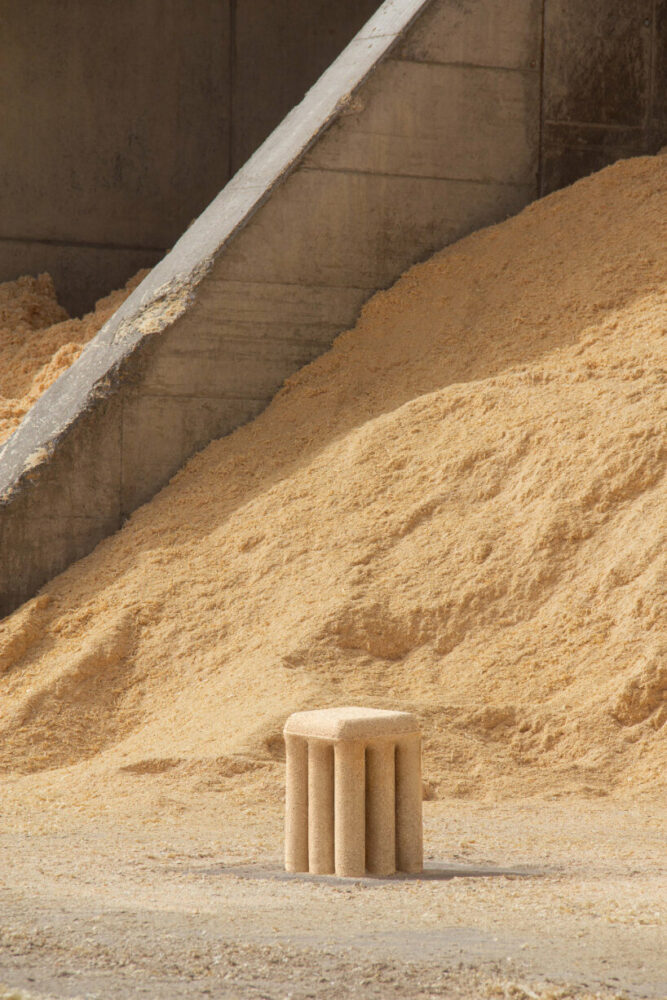this is briket, a recyclable stool made entirely from potatoes and sawdust