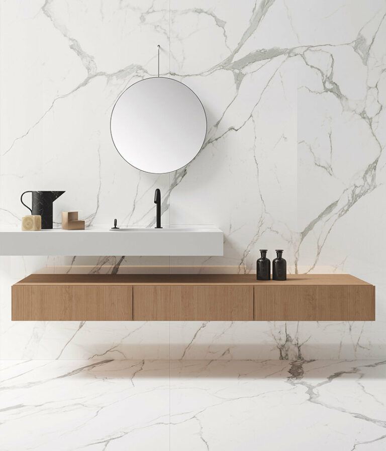 ariostea’s surfaces bring out white depths of rare marble varieties