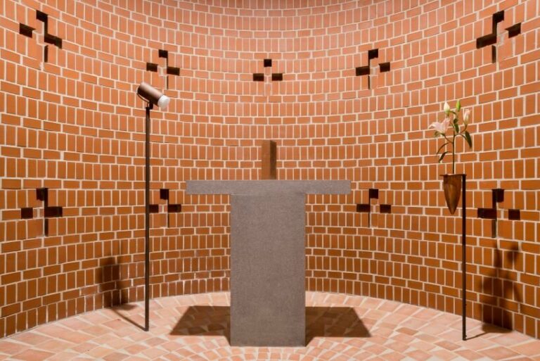 atypical gable roof replaces dome frescoes in czech brick chapel