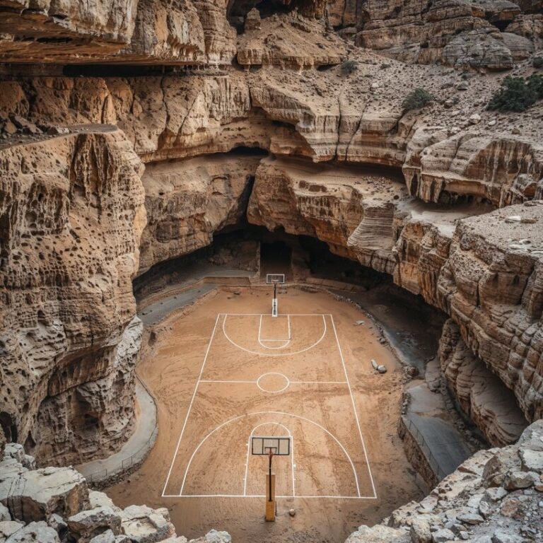 norah alsuairy imagines surreal basketball courts carved into AlUla's sandstone canyons