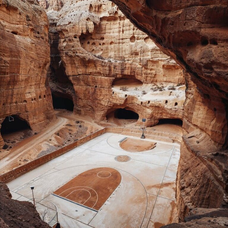 norah alsuairy imagines surreal basketball courts carved into AlUla's sandstone canyons