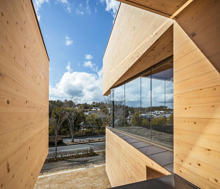 kibi kogen N square by kengo kuma reveals protruding CLT panels