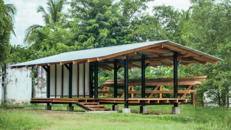 steel and rubberwood pavilion creates open-air learning space in rural ...