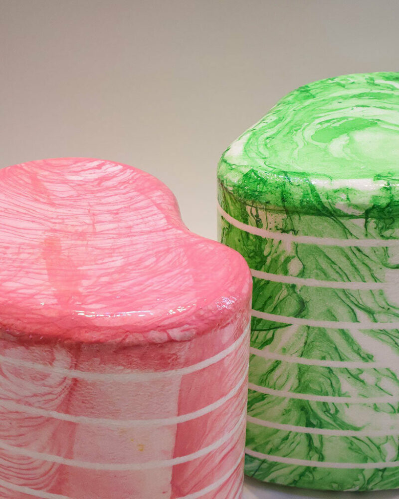 water transfer printing brings melting colors to life in jiwon jung's mosaic styrofoam chairs