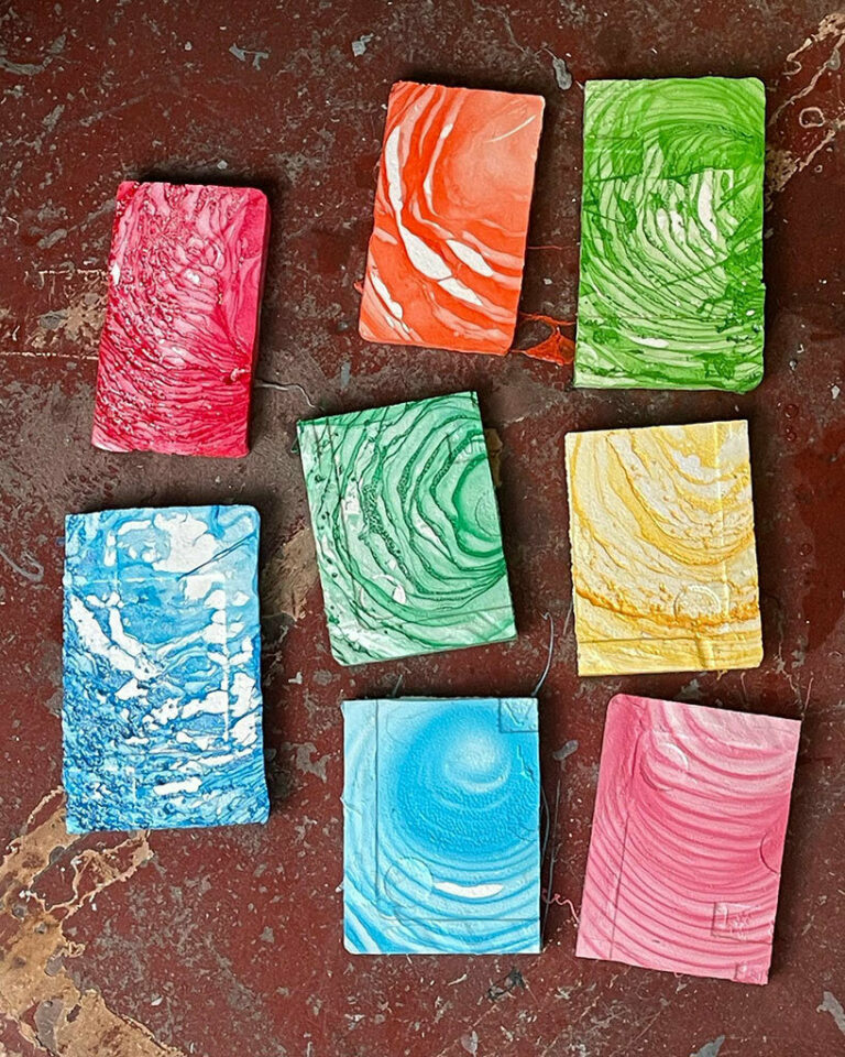 water transfer printing brings melting colors to life in jiwon jung's mosaic styrofoam chairs