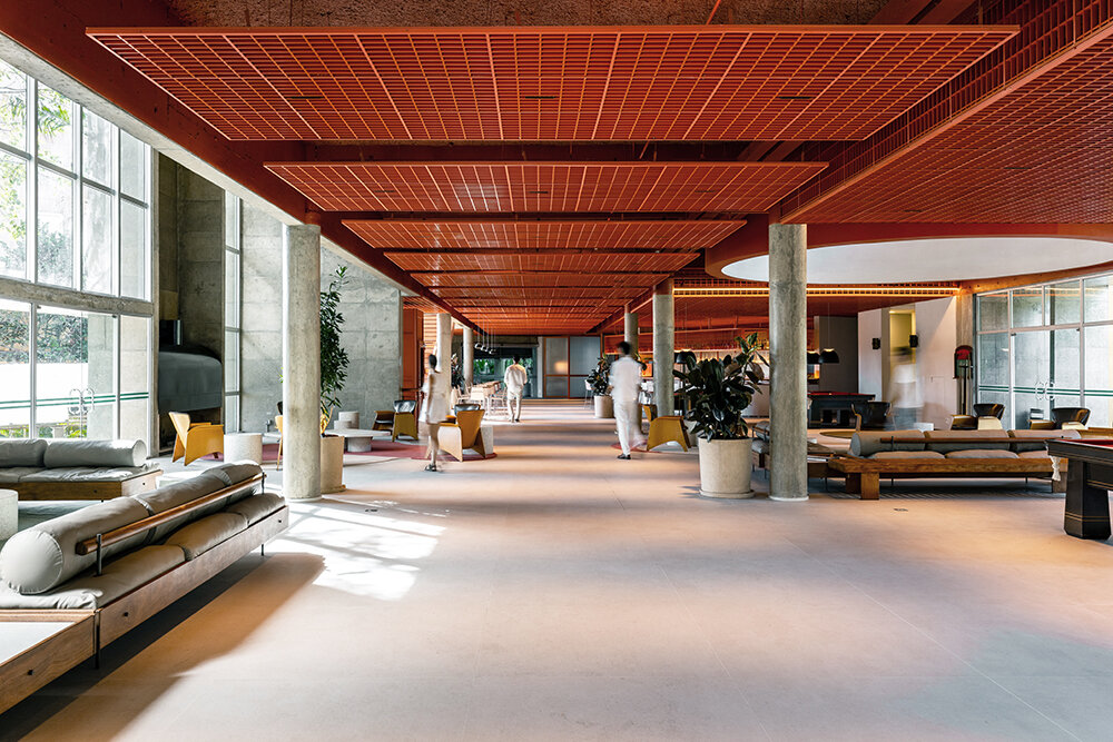 vibrant metal grid ceilings by bloco arquitetos uplift almenat hilton hotel