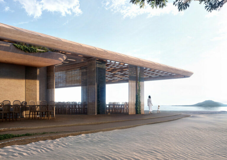 colorful reflective tiles embellish fd seaside complex's thatch-covered ...