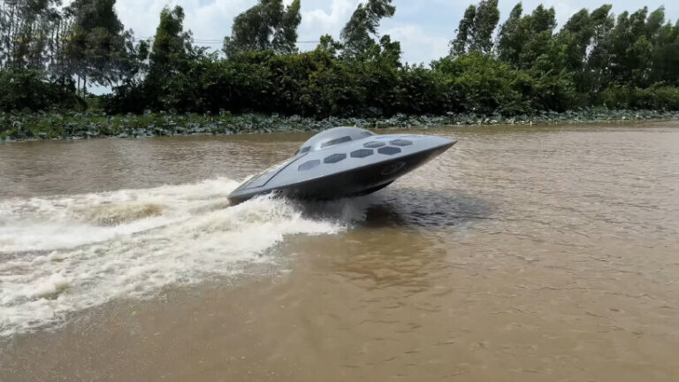 functional UFO jet boat zooms through water as a motorized flying ...