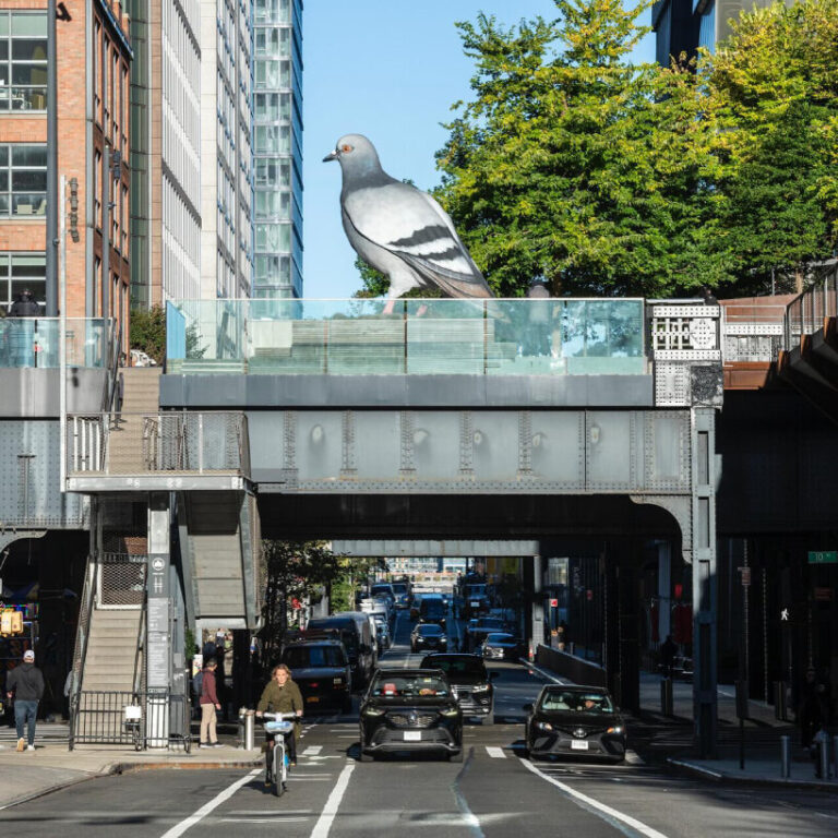iván argote’s hyperrealistic aluminum pigeon ‘dinosaur’ lands above the ...