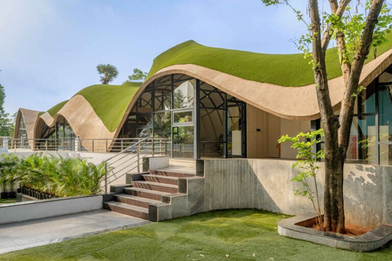 undulating green roof conceals cocoon pre-primary school in india