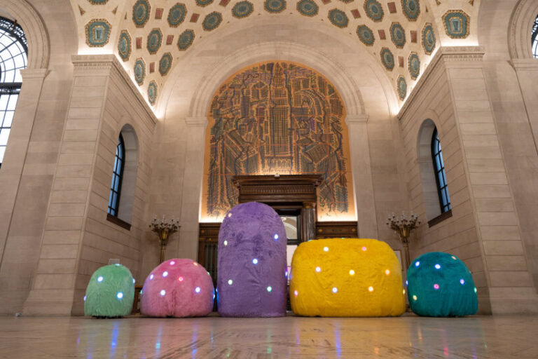 friendswithyou’s autonomous fuzzy robots play healing sounds inside cleveland public library