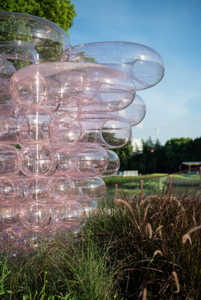 pink acrylic bubbles by naoonaoo form installation in suzhou