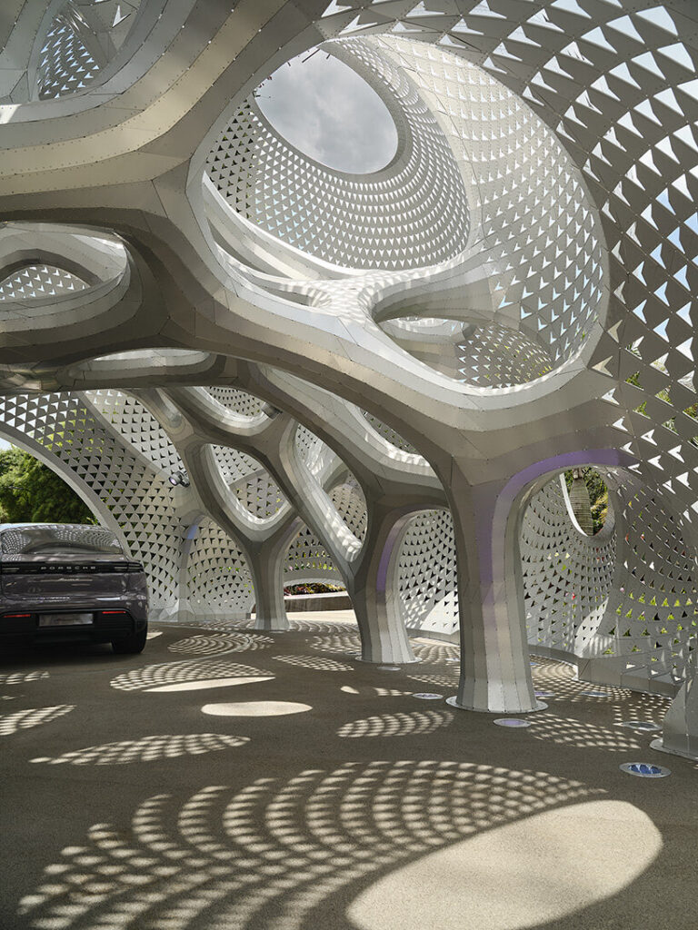 aluminum clads curved porsche pavilion by MARC FORNES / THEVERYMANY in ...