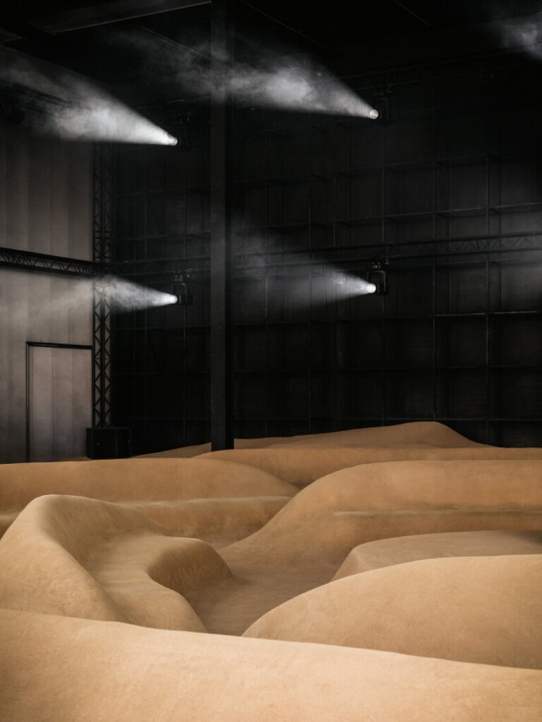 bottega veneta sculpts sand-colored seats into patterns of sound waves ...