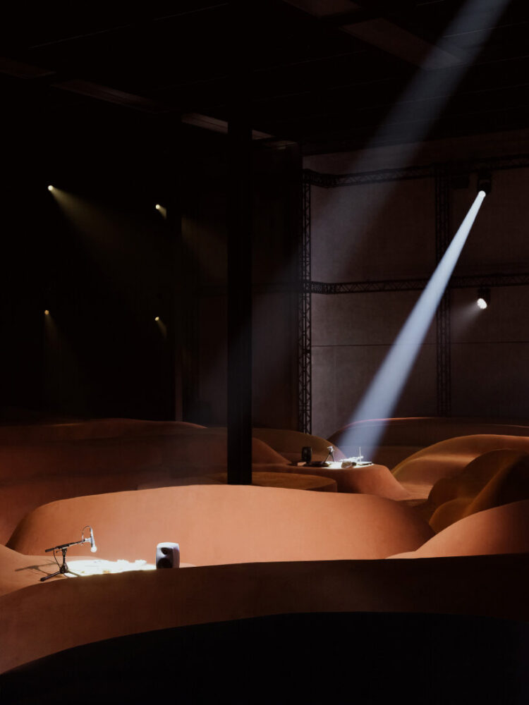 bottega veneta sculpts sand-colored seats into patterns of sound waves ...