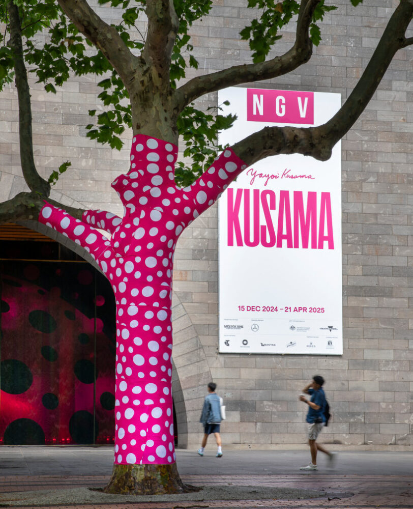yayoi kusama wraps trees in polka dots ahead of exhibition at NGV