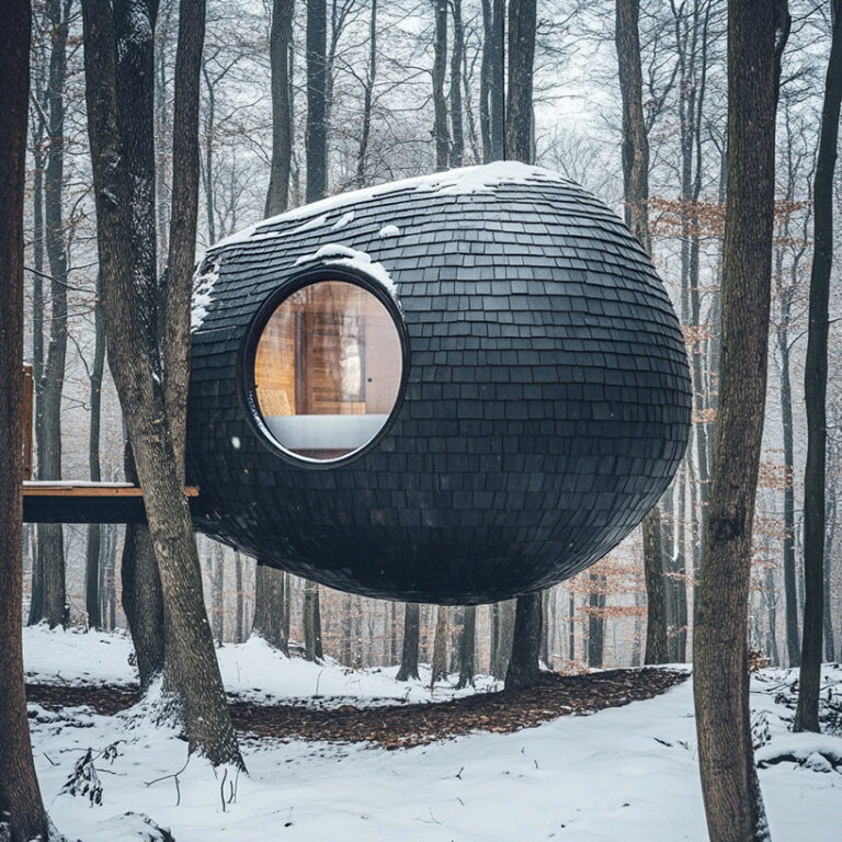 antony gibbon envisions burl treehouse as floating shingled spheres