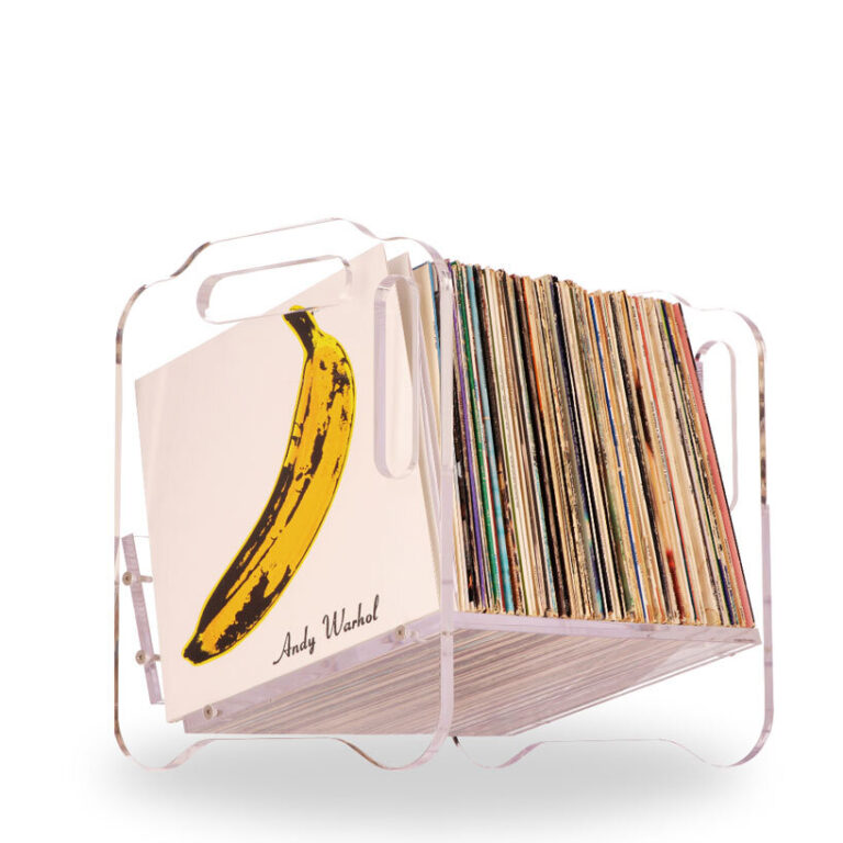 transparent vinyl record shelving system allows for multiple configurations