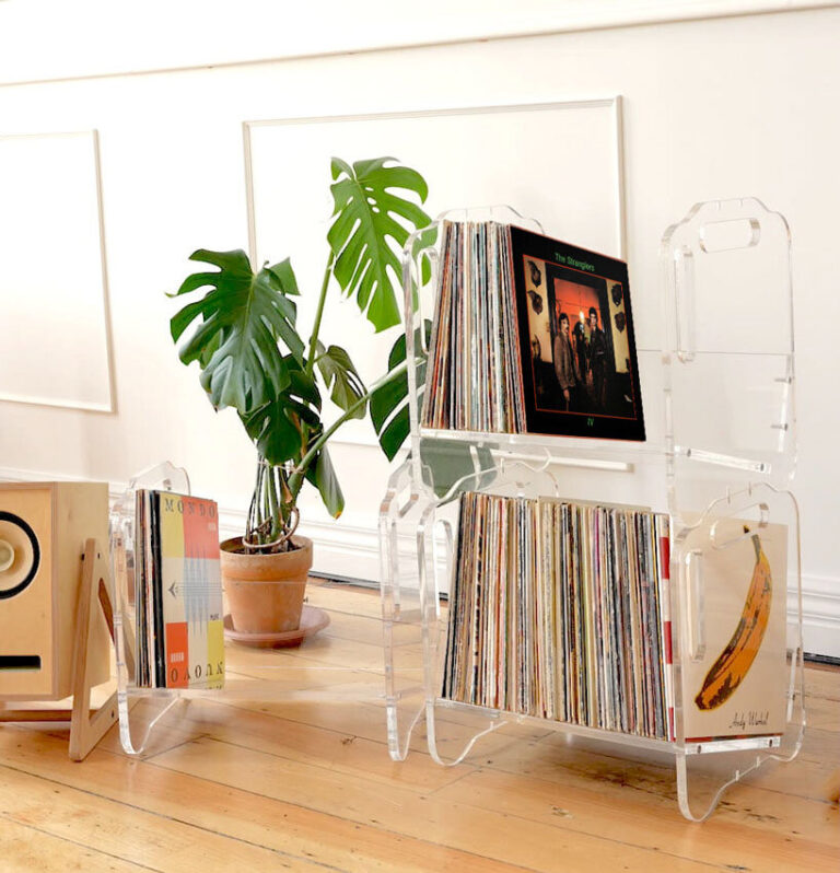 transparent vinyl record shelving system allows for multiple configurations