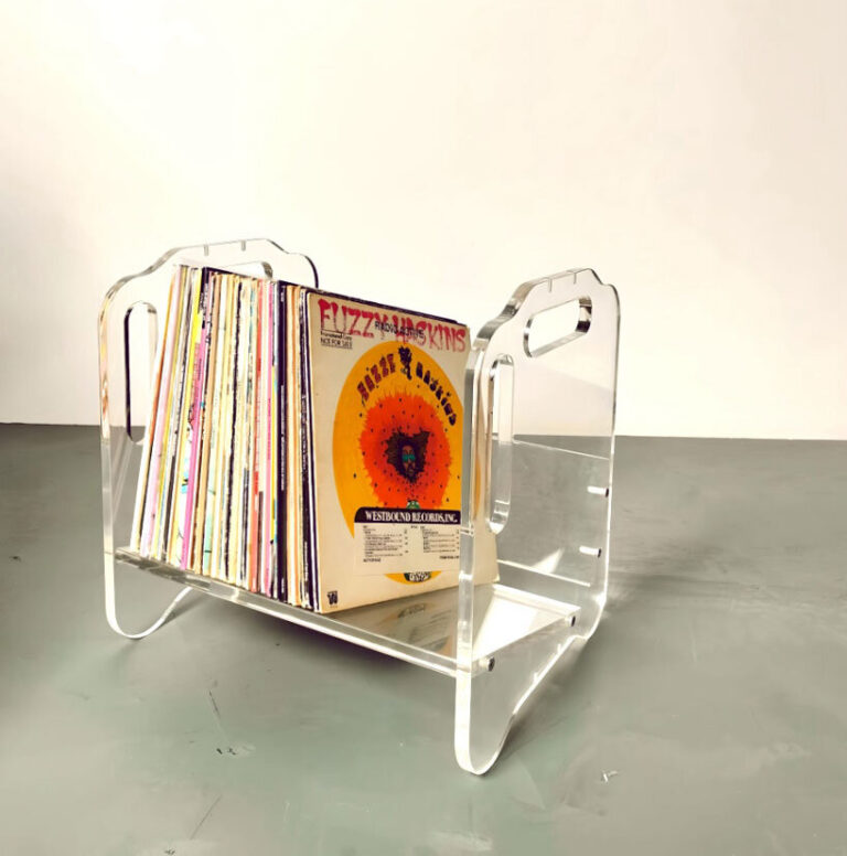 transparent vinyl record shelving system allows for multiple configurations
