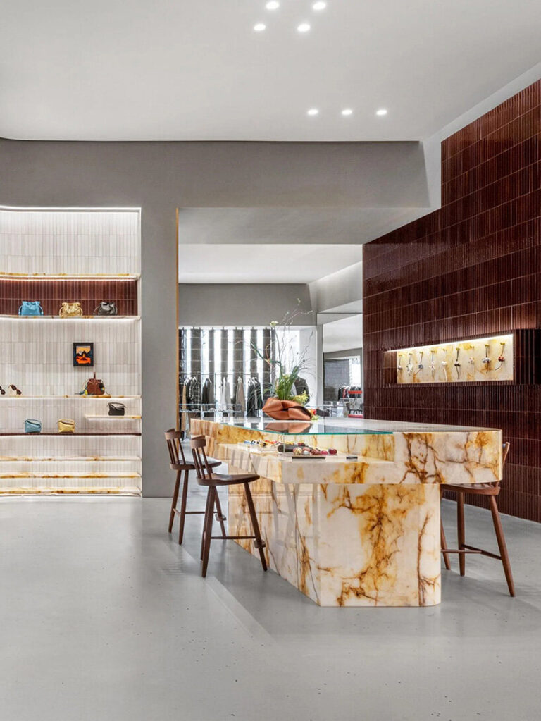 casa LOEWE shanghai opens with facade clad in 35,536 individual golden ceramic tiles