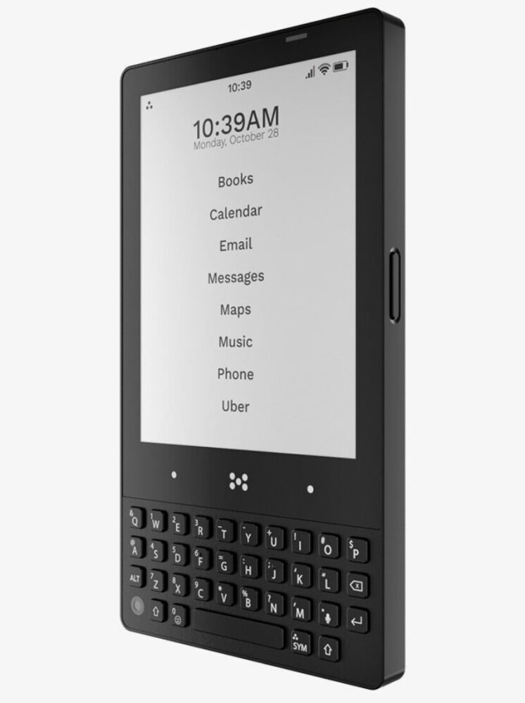 minimal phone with e ink display runs spotify, whatsapp and more