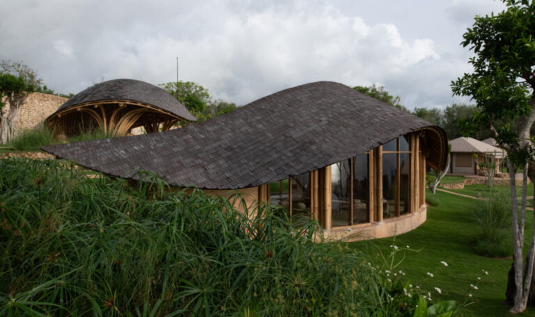 undulating roof like a fish tail tops pablo lunas tea room in indonesia