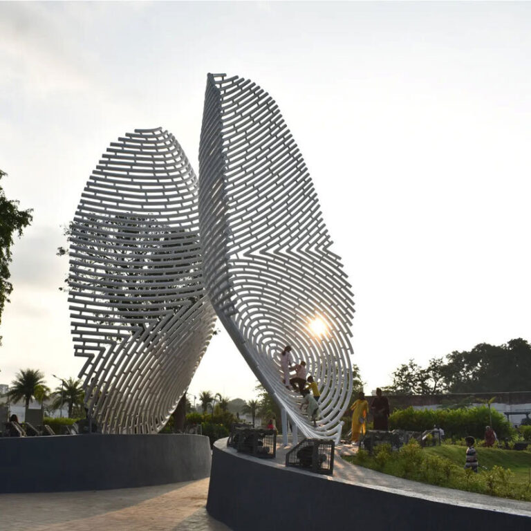 sculptural steel installation shapes touching fingerprint ridges
