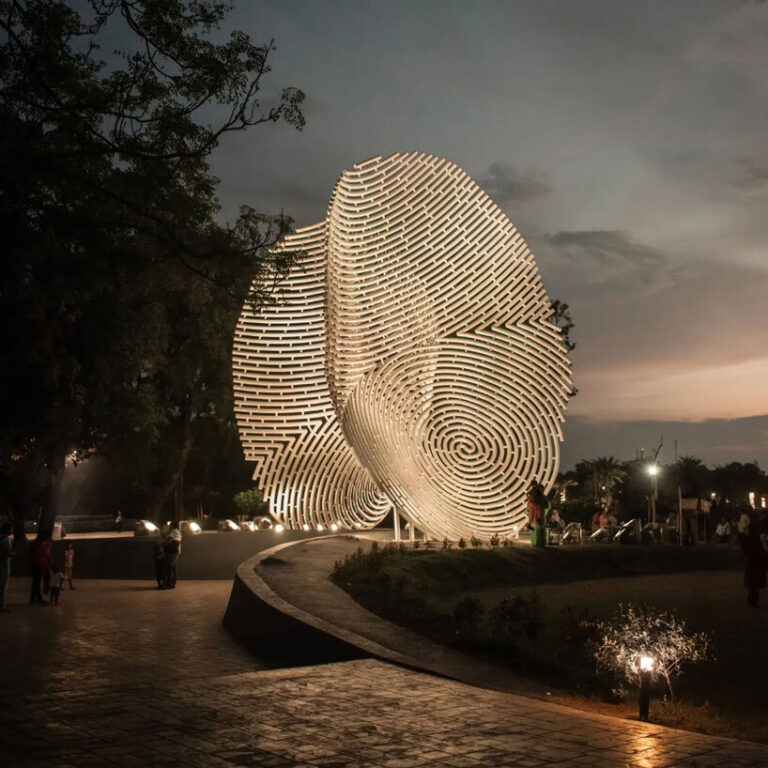 sculptural steel installation shapes touching fingerprint ridges