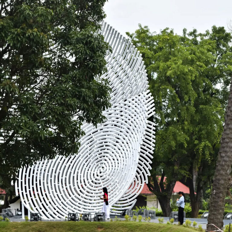 sculptural steel installation shapes touching fingerprint ridges