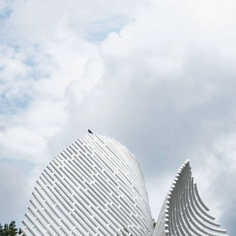 sculptural steel installation shapes touching fingerprint ridges