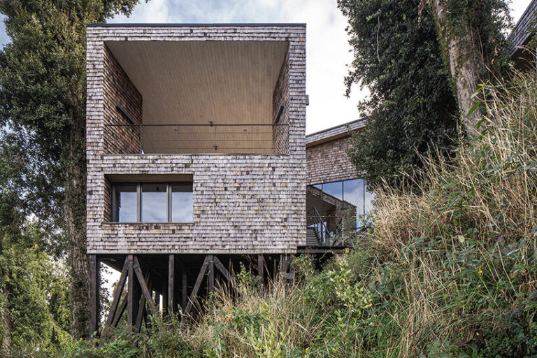 shingle-clad MM house by benjamin goñi arquitectos bridges the forested ...