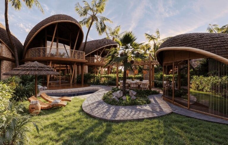 boutique hotel in bali by archigods opens like a blooming ring of pistachio shells