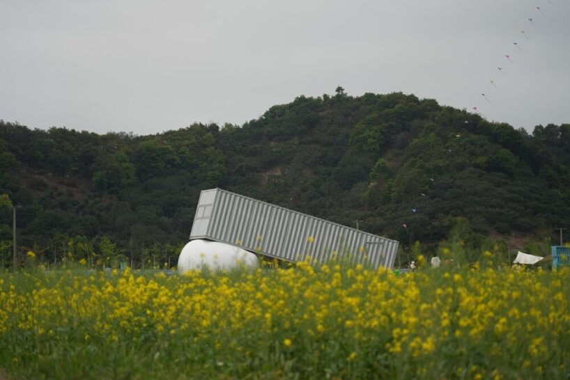 trio of inflated pavilions sit amid rice fields in china