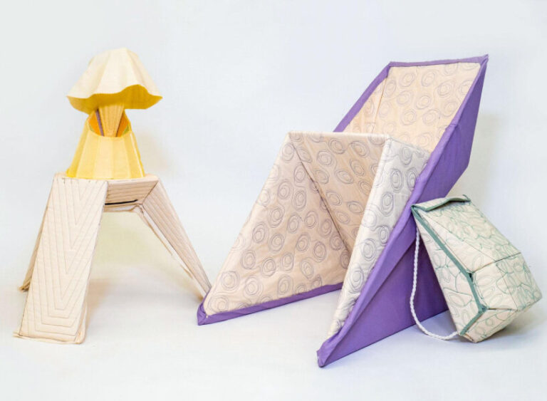 flat fabric shifts into 3D furniture made by sewing machine