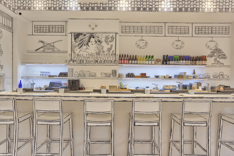 inside shirokuro, a sketchbook-like 2D omakase restaurant in NYC