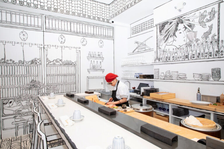 inside shirokuro, a sketchbook-like 2D omakase restaurant in NYC