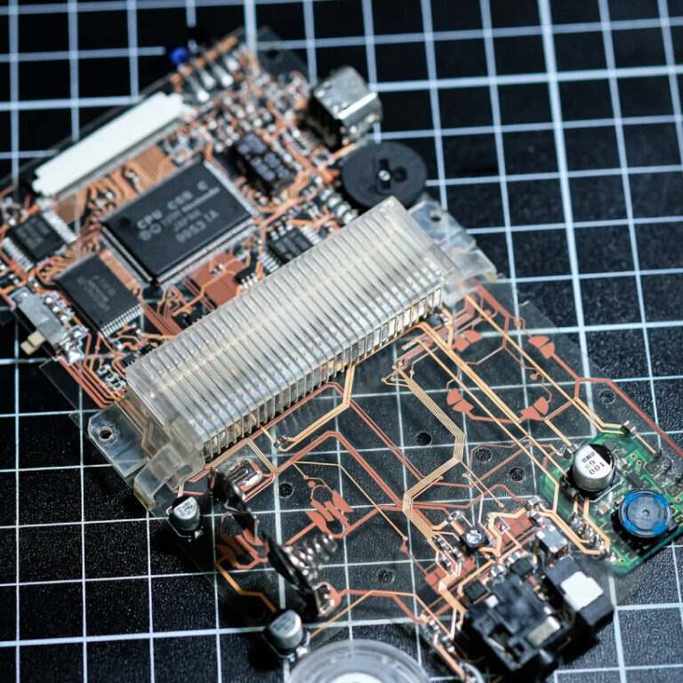 custom nintendo game boy has copper wires on transparent board