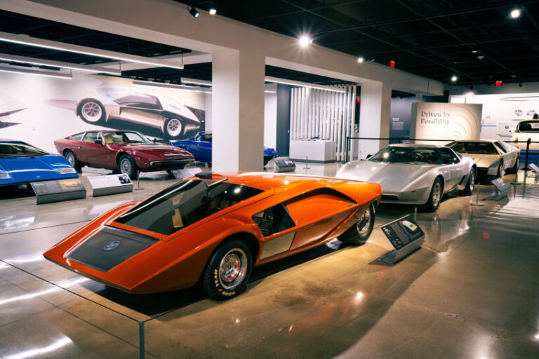 inside wedge cars from 60s and 70s at petersen museum exhibition