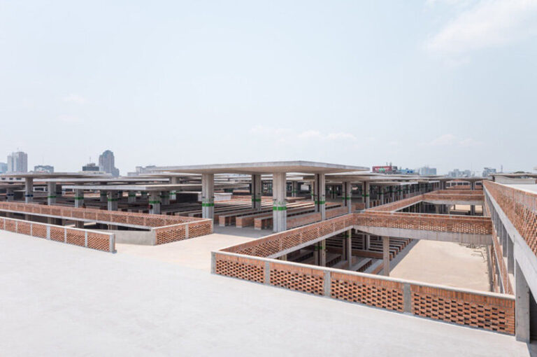 concrete canopies and brick walls form central market in congo